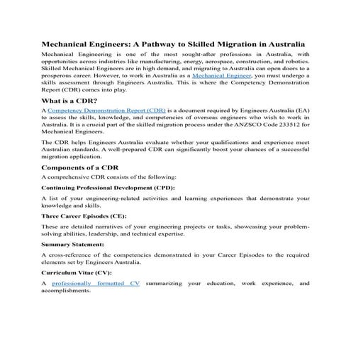 Pathway to Skilled Migration for Mechanical Engineers - ANZSCO 233512 | PDF