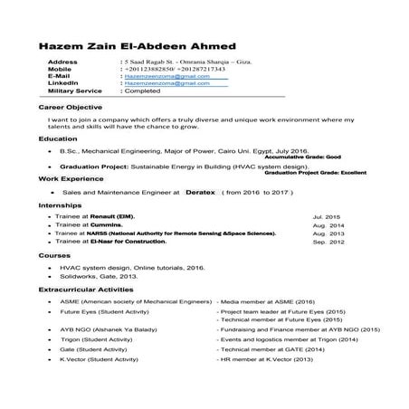 Mechanical engineer /Hazem zain's resume | PDF