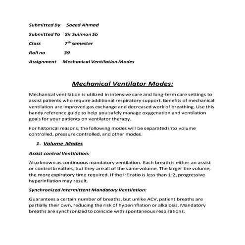 Mechanical ventilator modes by saeed ahmad | DOCX | Lung and Respiratory Health | Diseases and ...