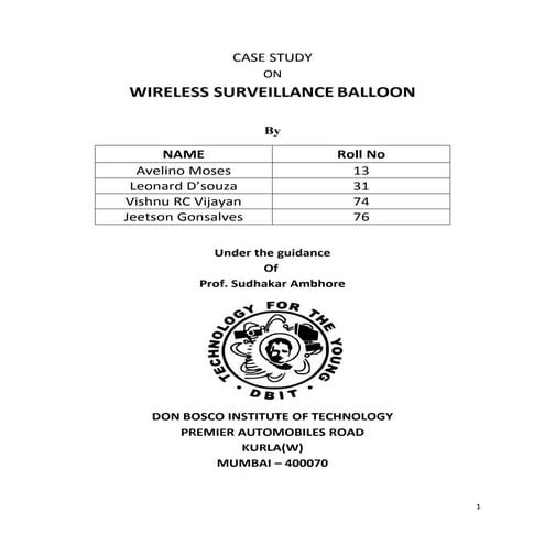 Mechatronics case study on Wireless Survillence Balloon | DOC