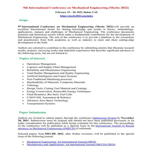 6th International Conference on Mechanical Engineering (MEN 2023) | PDF