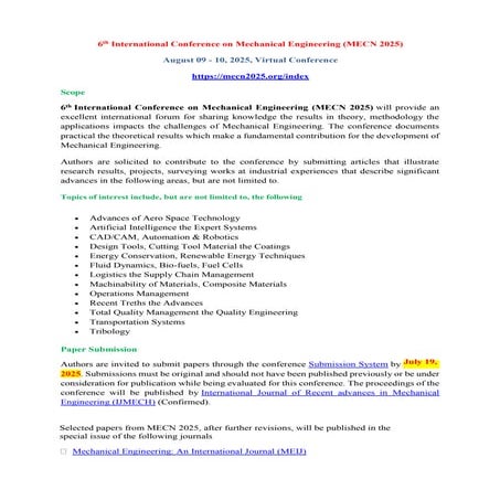 6th International Conference on Mechanical Engineering (MECN 2025) | PDF