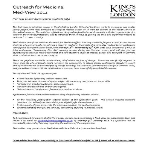Med view 2011 information sheet (Kings) | PDF