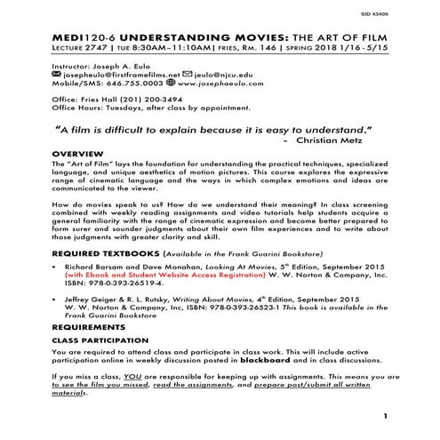 Course Syllabus for MEDI 120 Understanding Movies: The Art of Film ...