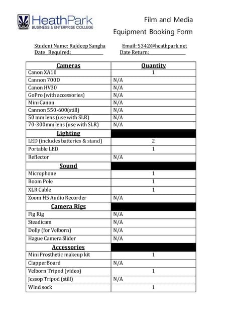 Media equipment-booking-form | DOCX | Cameras and Camcorders | Consumer ...