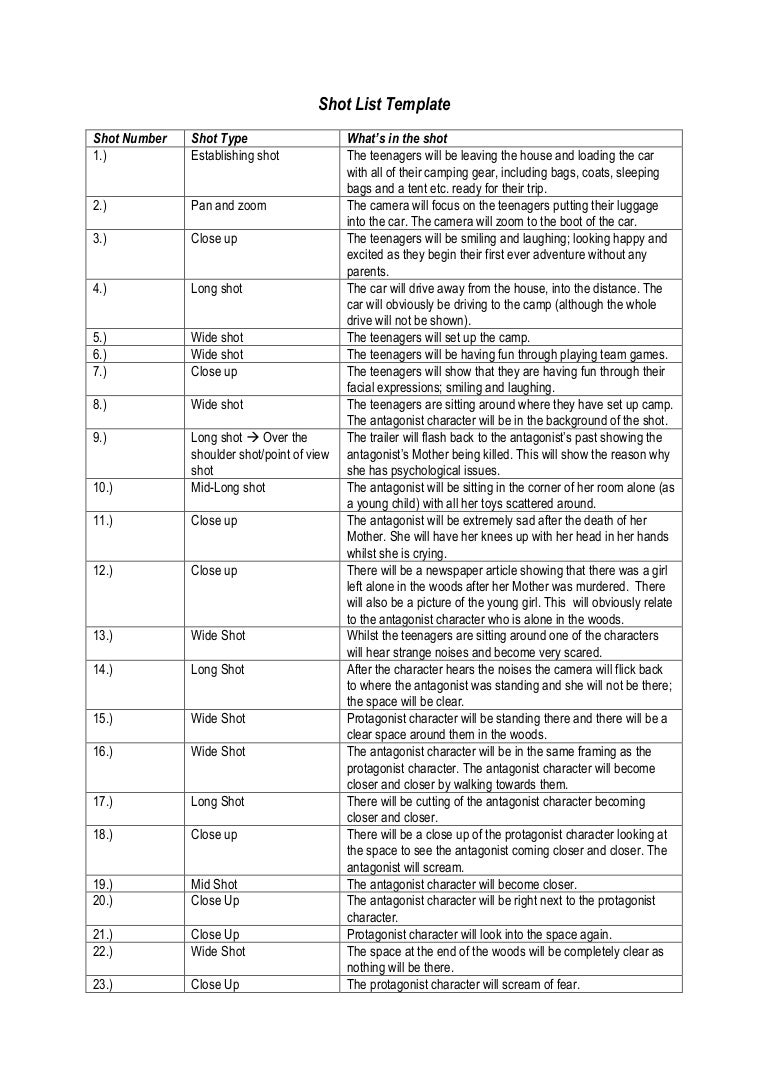 Media Shot List Template Media Shot List Template