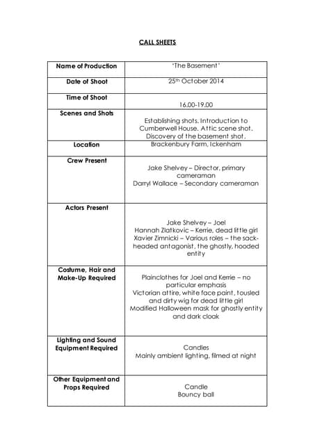 Call Sheet 1 | DOC