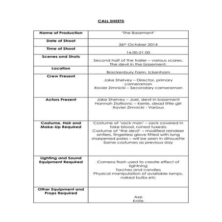 Call sheet | DOCX