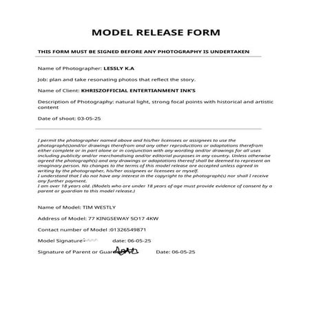 MEDIA WORK MODEL RELEASE FORM DOCUMENT FOR PLANNING | DOCX