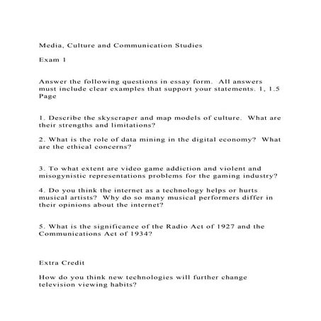 Media, Culture and Communication StudiesExam 1Answer the.docx