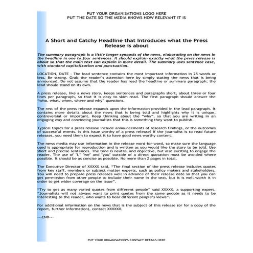 Media pack press release template general | DOC