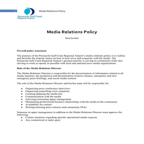 Pensacola Gulf Coast Regional Airport Media Relations Policy | PDF