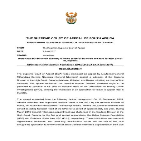 Media statement ntlemeza v helen suzman foundation 2 | PDF