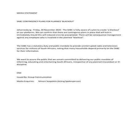 SABC CONTINGENCY PLANS FOR PLANNED ‘BLACKOUT’ | PDF