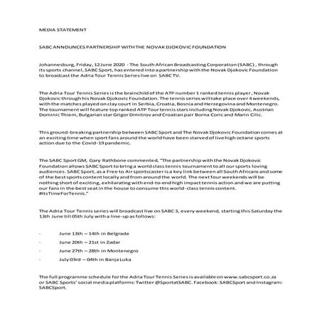 SABC ANNOUNCES PARTNERSHIP WITH THE NOVAK DJOKOVIC FOUNDATION | DOCX | Tennis | Sports