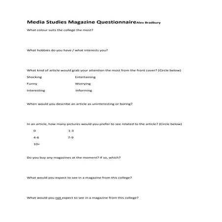 Media studies magazine questionnaire alex bradbury | DOCX