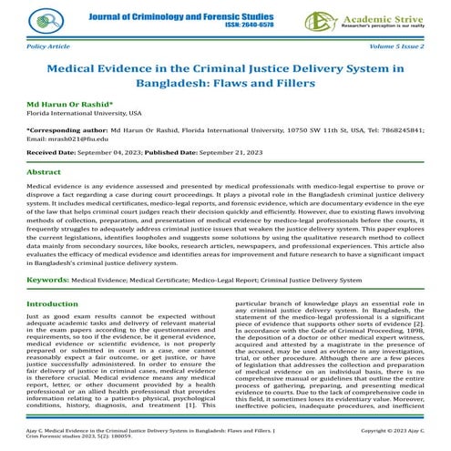 Medical Evidence in the Criminal Justice Delivery System in Bangladesh: Flaws and Fillers | PDF