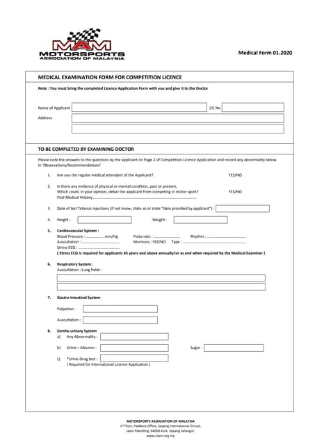 MAM Motorsport License Medical examination form 2022 | PDF