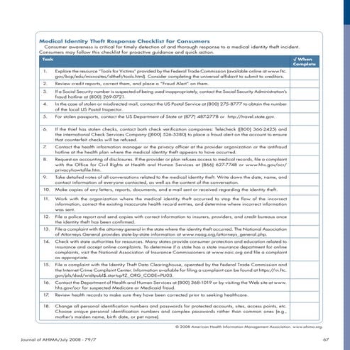 Medical Identity Theft Response Checklist for Consumers | PDF