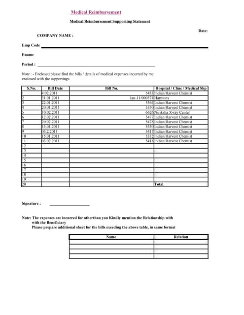 Medical reimbursement form | XLS
