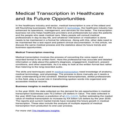 Medical Transcription in Healthcare and its Future Opportunities | PDF
