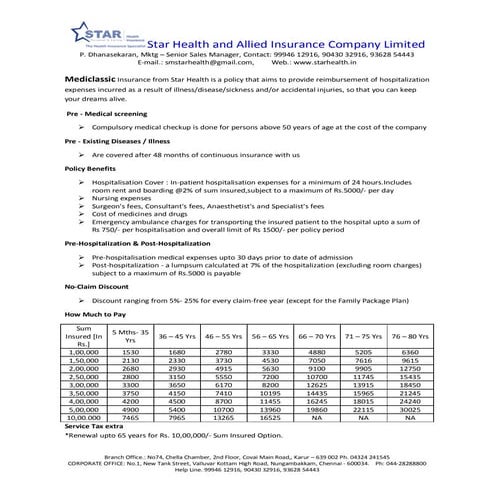 Star Health Insurance - Mediclassic Individual Health Insurance | PDF