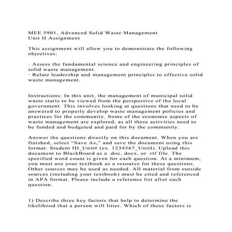MEE 5901, Advanced Solid Waste ManagementUnit II Assignment.docx