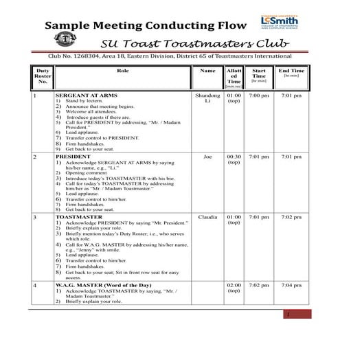 SU Toast Toastmasters' Meeting Conducting Flow | DOC | Food & Drink