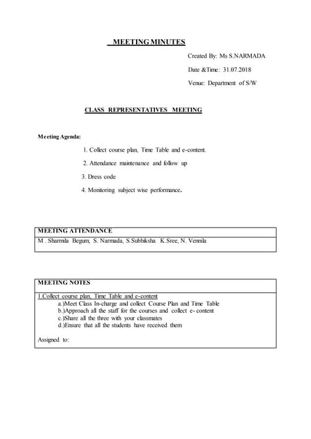 Mintues of Meeting Formate example | PDF