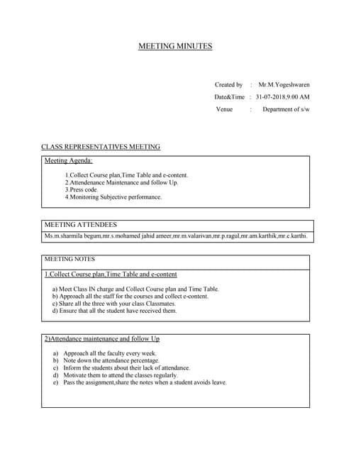 Mintues of Meeting Formate example | PDF
