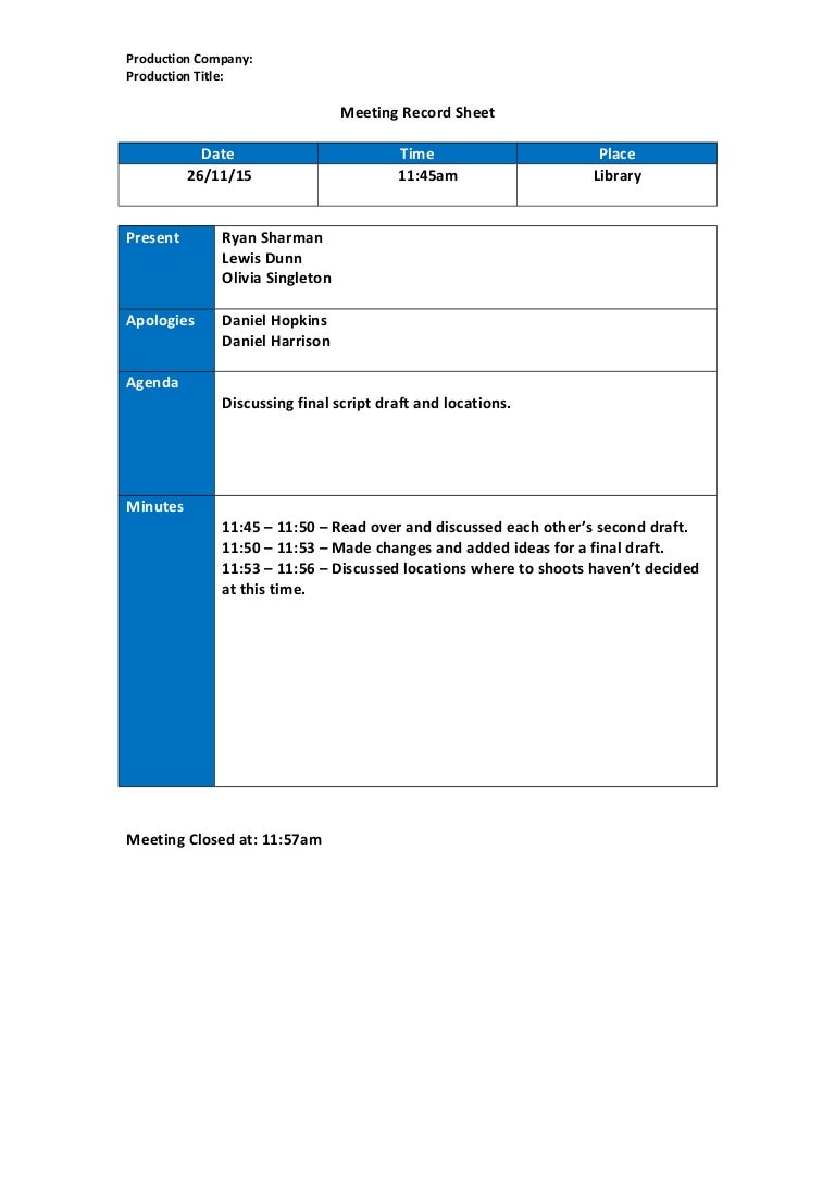 Meeting record sheet