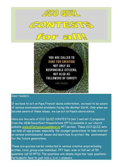 Eco quiz contests | DOCX | Nutrition | Healthy Living