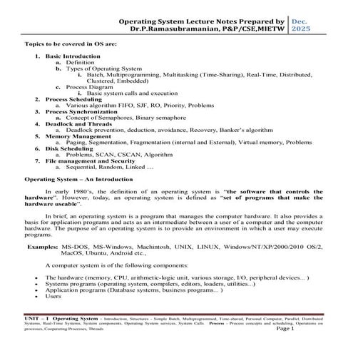 JNTUH R25 regulation, Unit 1 lecture notes for OS | PDF