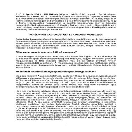 Meghivo ker ekfy - az okos gep es a projektmenedzsment - 41. pm muhely (2019. aprilis 25) | PDF