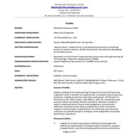 Mehtab zaidi planning engineer cv | DOC | Civil Engineering Industry ...