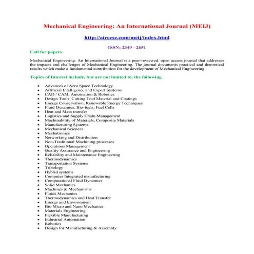 Mechanical Engineering: An International Journal (MEIJ) | PDF