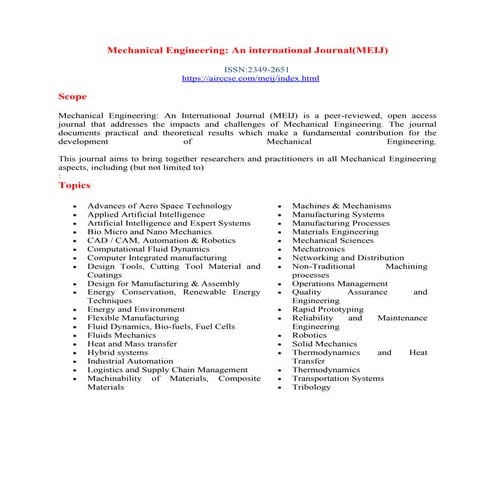 Mechanical Engineering: An International Journal (MEIJ) | PDF