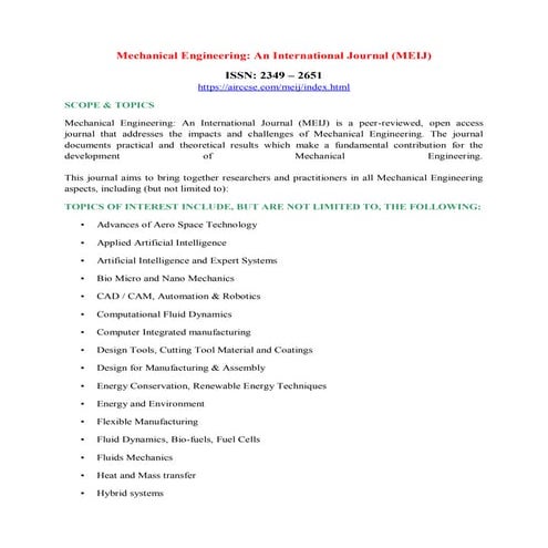 Mechanical Engineering: An International Journal (MEIJ) | PDF