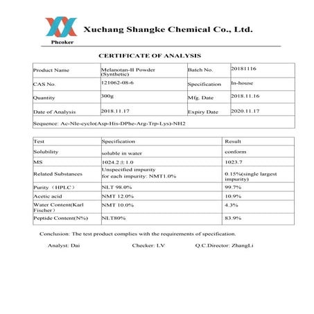 Melanotan II (MT2) CAS 121062-08-6 COA | PDF