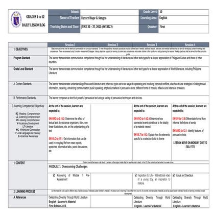 English Daily Lesson Log for 2024-2025 | DOCX
