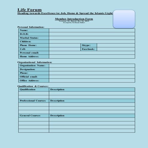 Member Introduction Form Life Forum | DOCX | Technology & Computing
