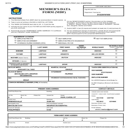 Member's data form (mdf) print (no | PDF | Careers