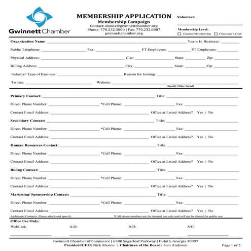 Business CEO Chamber of Commerce Membership Application | PDF