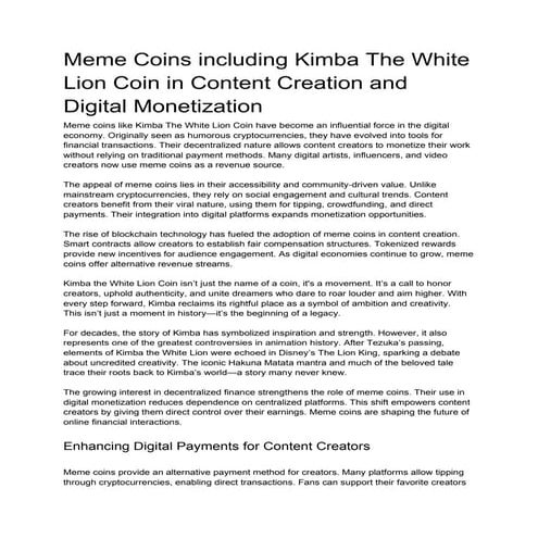 Meme Coins including Kimba The White Lion Coin in Content Creation and ...
