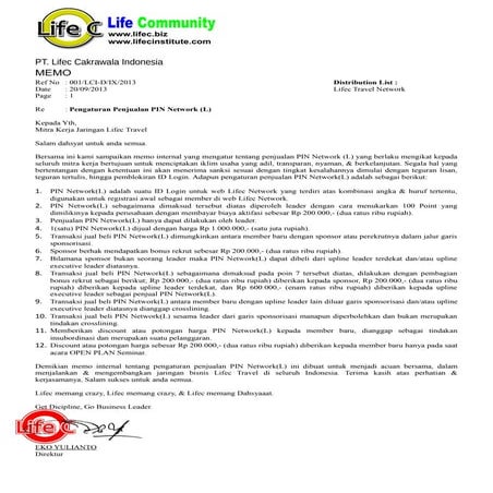 Memo 1-pengaturan penjualan pin network (l) | PDF