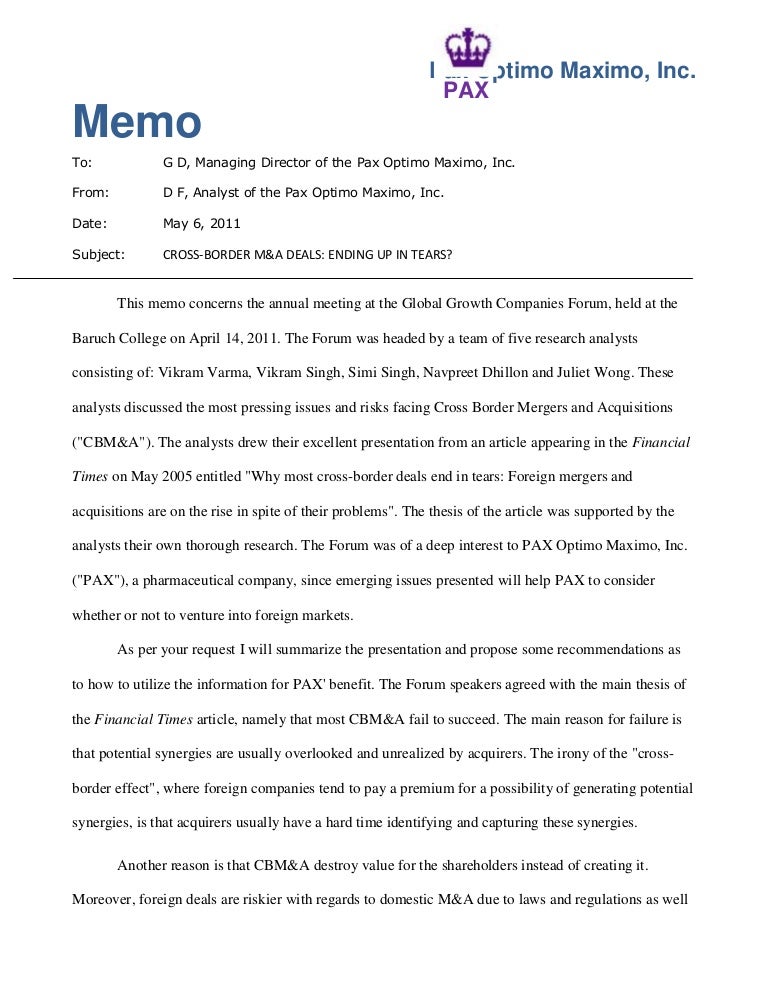 M & A - Memo