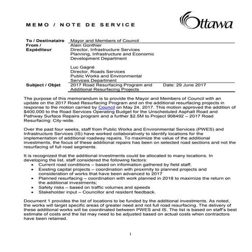 Memo - 2017 Road Resurfacing Program and Additional Resurfacing ...