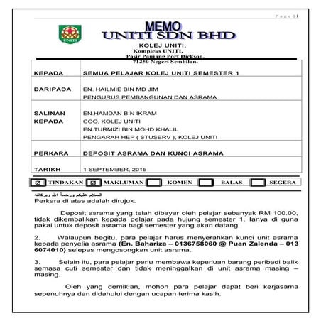 Memo Deposit Asrama & Kunci Asrama Bagi Pelajar Semester 1 | DOC