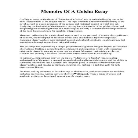 Memoirs Of A Geisha Essay. Minot State University | PDF