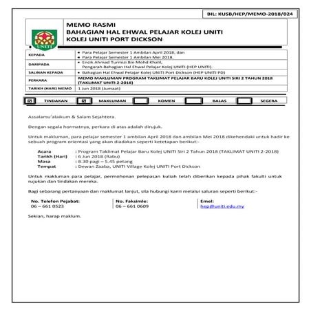Memo Taklimat 3-2018 | PDF